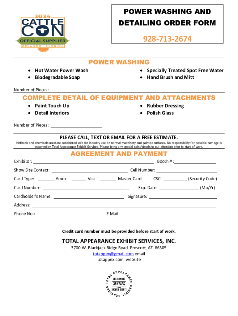 Fillable Online Power Washing and Detailing Order Form Fax Email Print ...