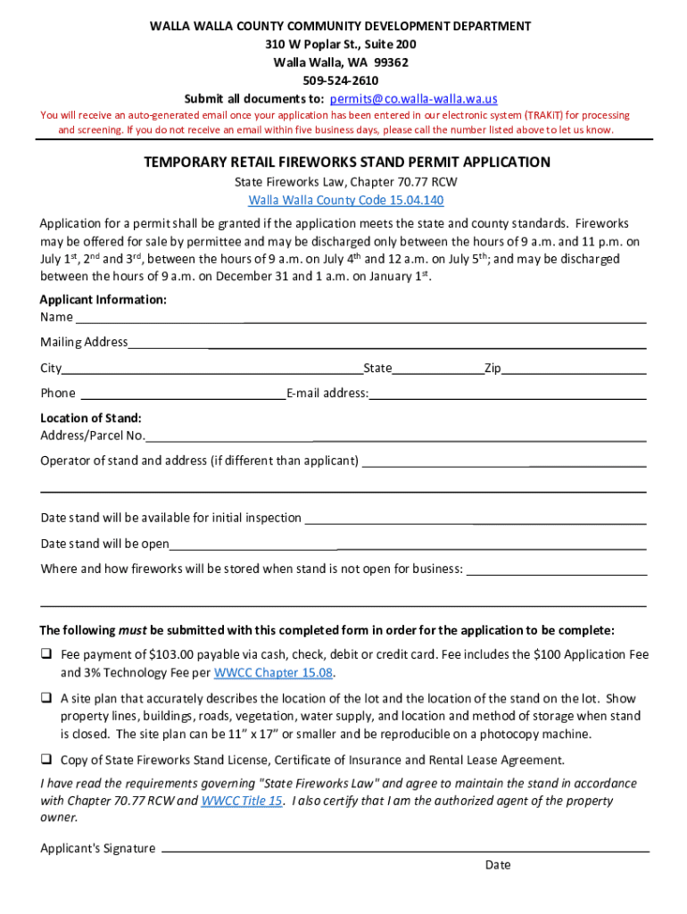 Fillable Online Temporary Retail Fireworks Stand Permit Application Fax ...