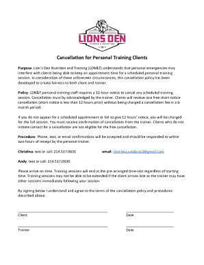 Fillable Online Cancellation Policy for Personal Training Fax Email ...