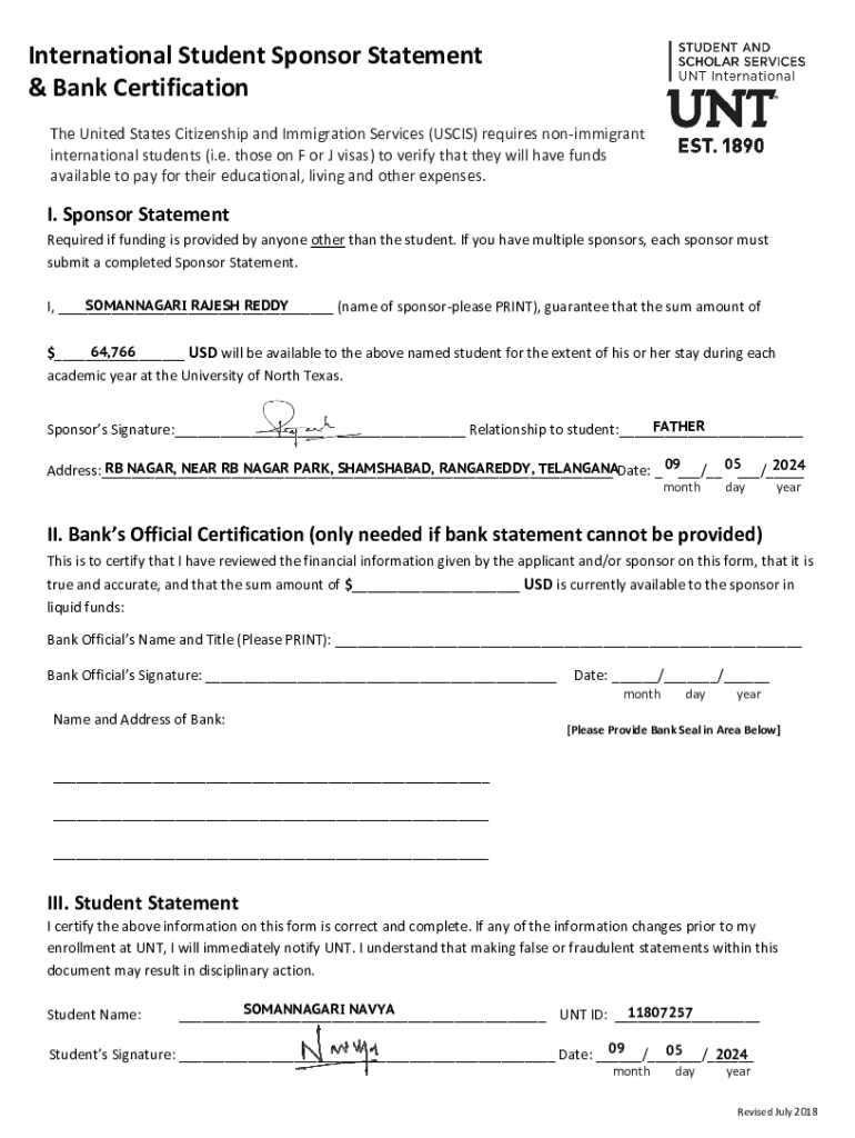 Fillable Online International Student Sponsor Statement & Bank ...