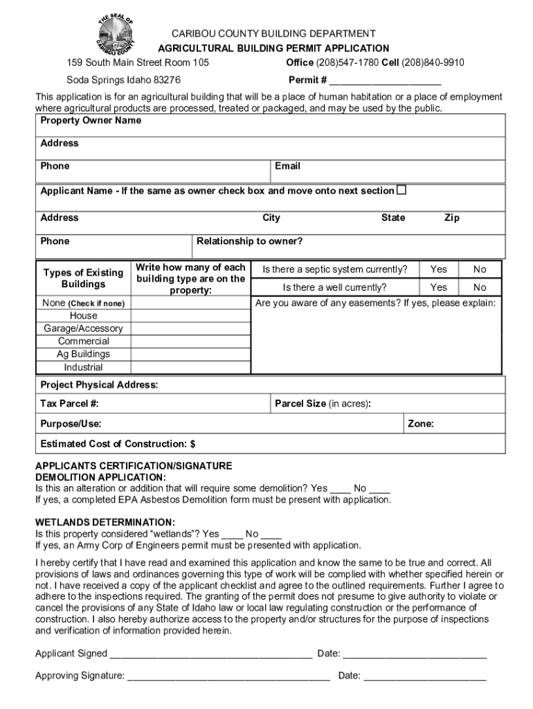 Fillable Online Caribou County Agricultural Building Permit Application ...