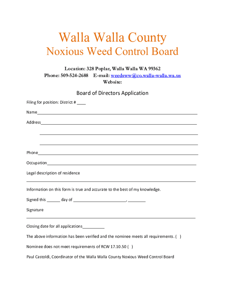 Fillable Online Application for Appointment to Walla Walla County Noxious Weed Board Fax Email ...