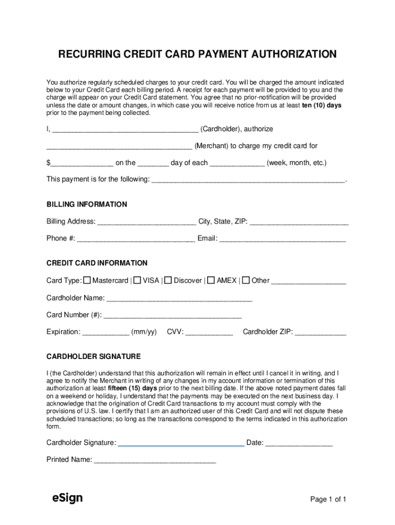 Fillable Online Recurring Credit Card Payment Authorization Fax Email Print - pdfFiller