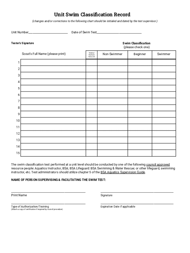 Fillable Online Unit Swim Classification Record Fax Email Print - pdfFiller