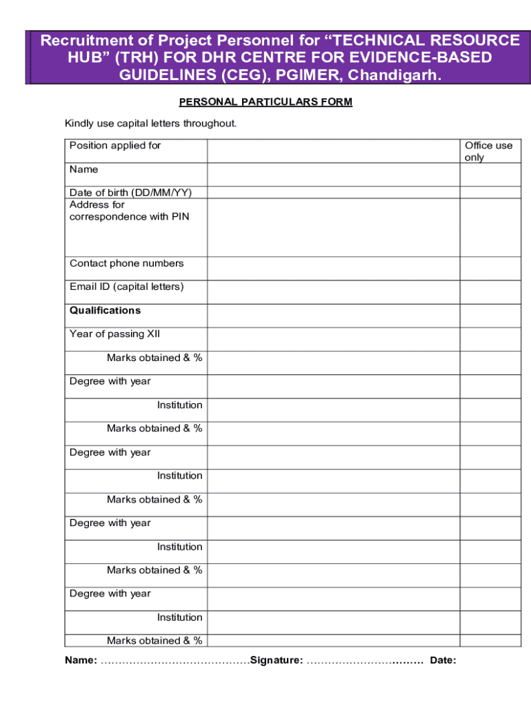 Fillable Online Recruitment of Project Personnel for Technical Resource ...