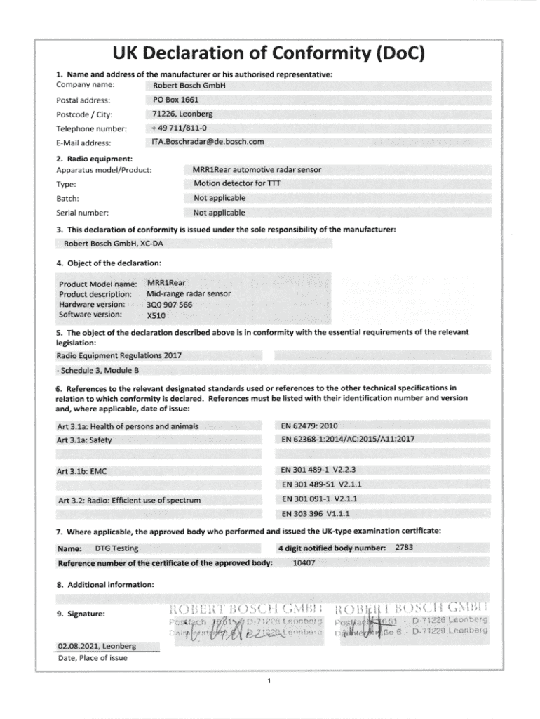 Fillable Online Uk Declaration of Conformity (doc) Fax Email Print - pdfFiller