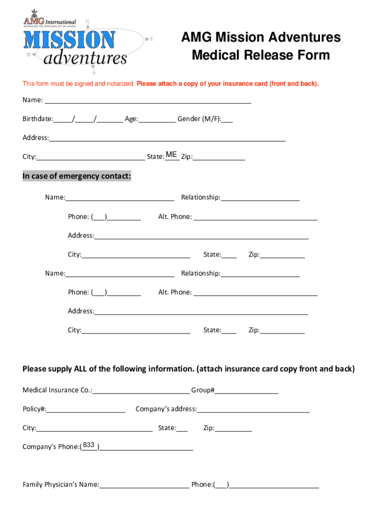 Fillable Online Amg Mission Adventures Medical Release Form Fax Email ...