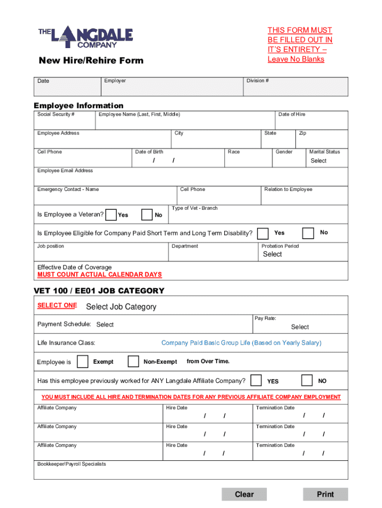 Fillable Online New Hire/rehire Form Fax Email Print - pdfFiller