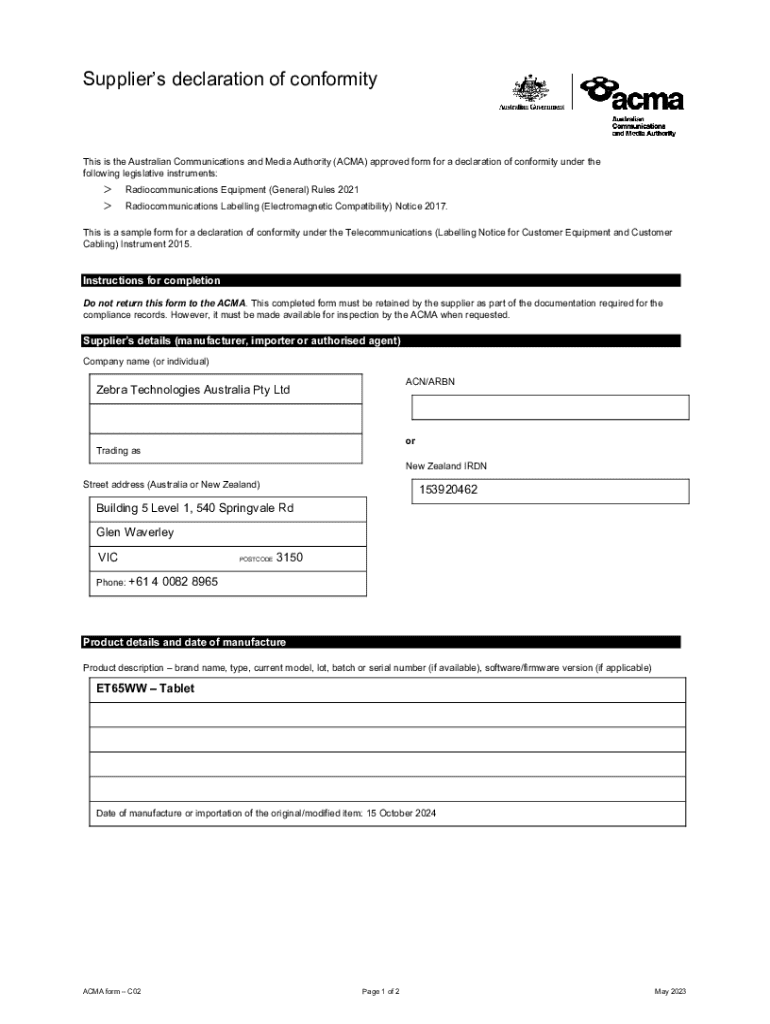 Fillable Online Supplier’s Declaration of Conformity - Acma Form C02 Fax Email Print - pdfFiller