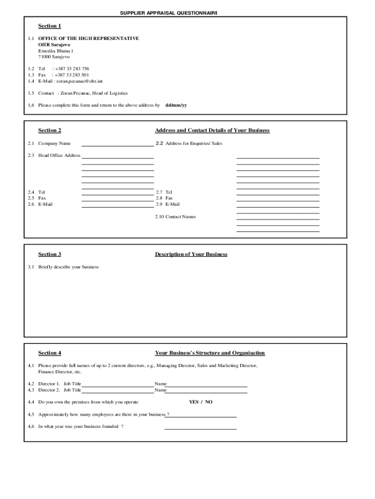 Fillable Online Supplier Appraisal Questionnaire Fax Email Print ...