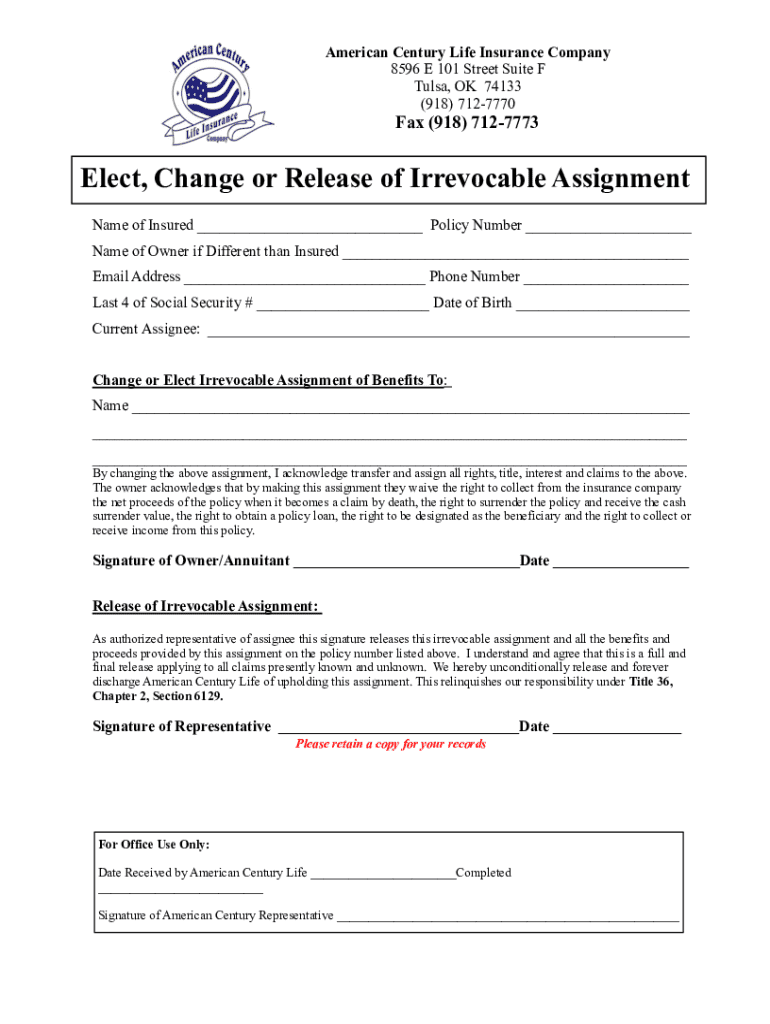 Fillable Online Elect, Change or Release of Irrevocable Assignment Fax ...