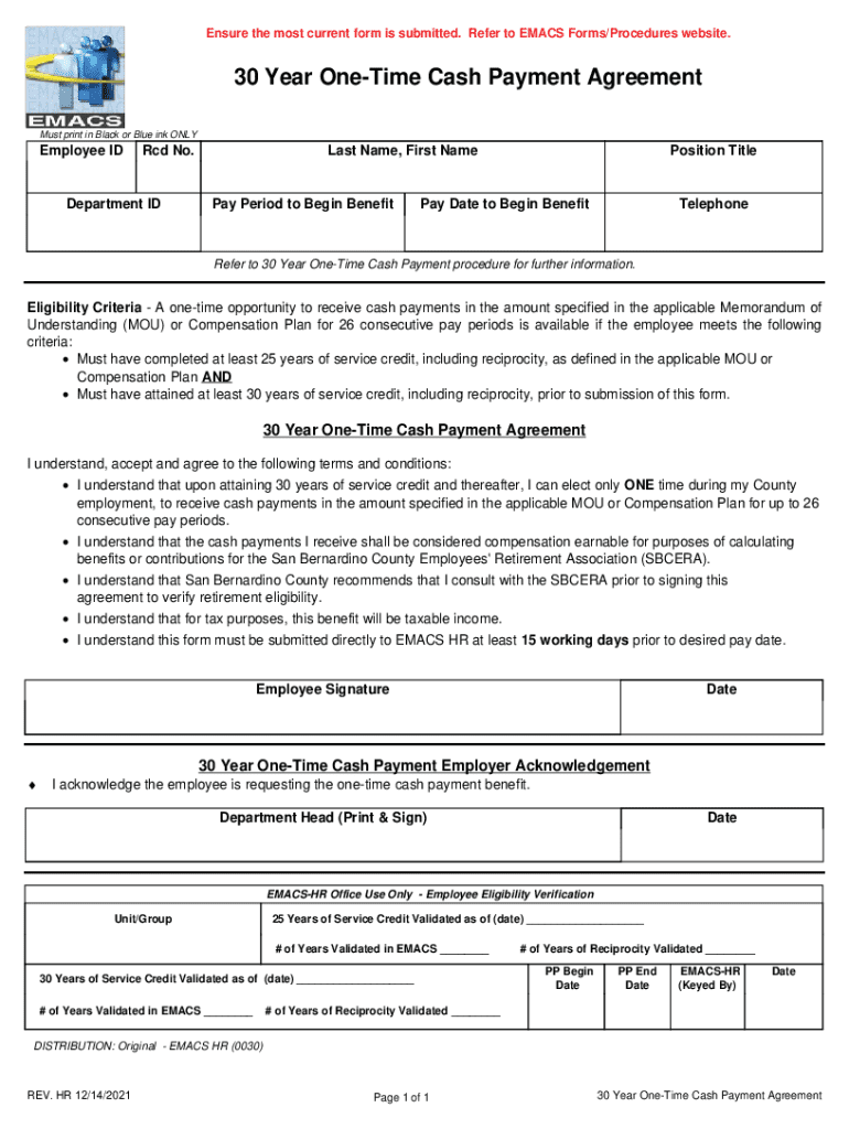 Fillable Online 30 Year One-time Cash Payment Agreement Fax Email Print ...