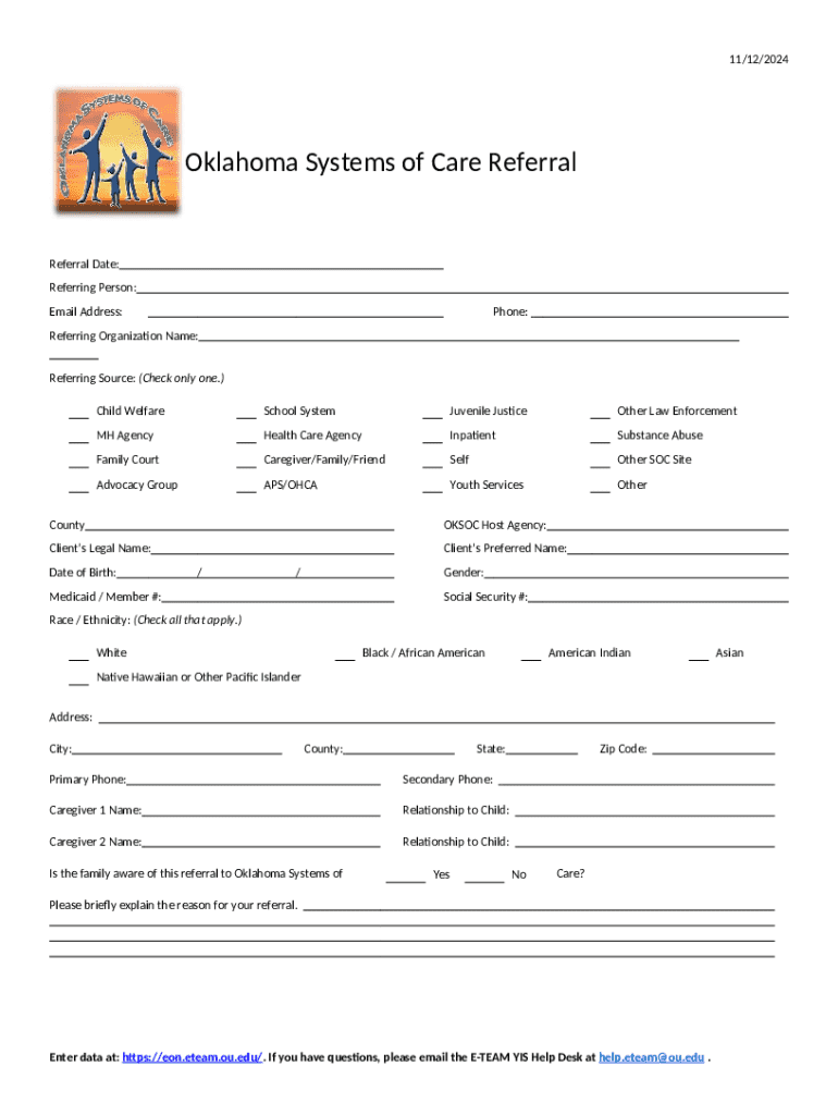 Oklahoma Systems of Care Referral Doc Template | pdfFiller