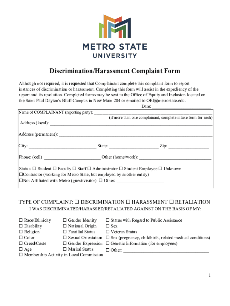 Fillable Online Discrimination/harassment Complaint Form Fax Email Print - pdfFiller