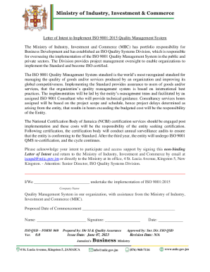 Fillable Online Letter of Intent to Implement Iso 9001:2015 Fax Email ...