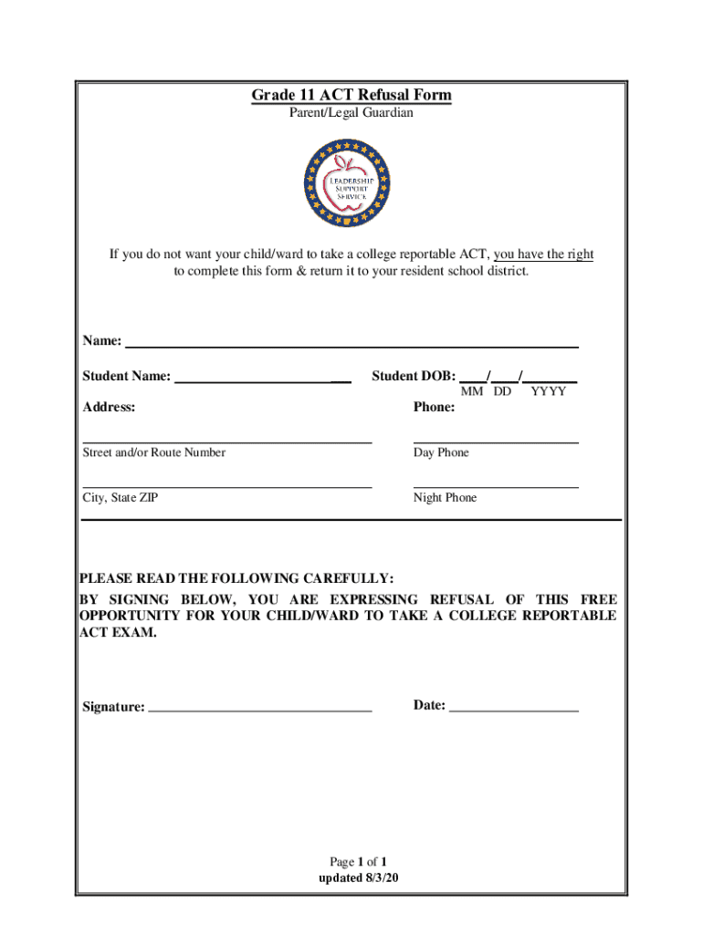 Fillable Online Grade 11 Act Refusal Form Fax Email Print - pdfFiller