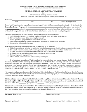 Fillable Online General Release and Waiver of Liability for Fsu Department or Entity Events ...