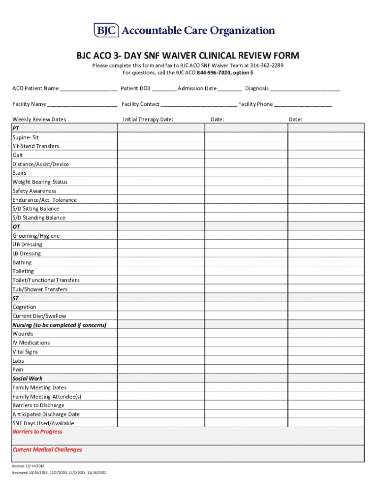 Fillable Online Bjc Aco 3-day Snf Waiver Clinical Review Form Fax Email ...