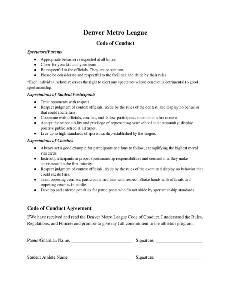 Fillable Online Denver Metro League Code of Conduct for Spectators ...