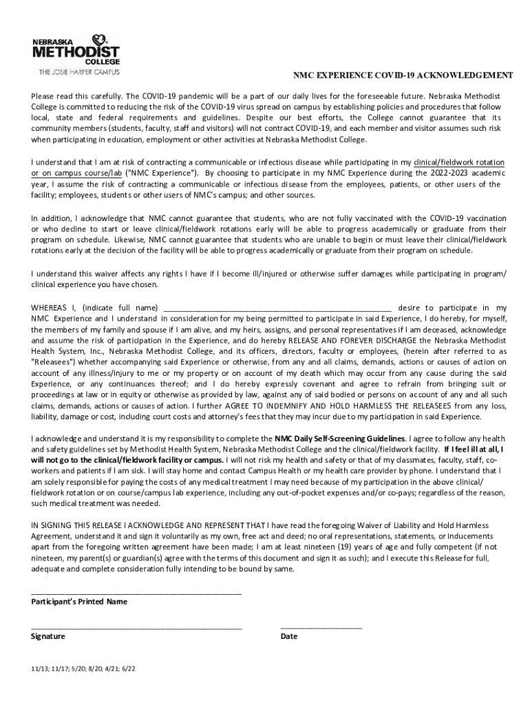 Fillable Online Covid-19 Acknowledgement for Nmc Experience Fax Email Print - pdfFiller