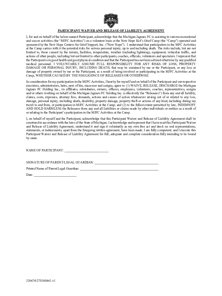 Fillable Online Participant Waiver and Release of Liability Agreement Fax Email Print - pdfFiller