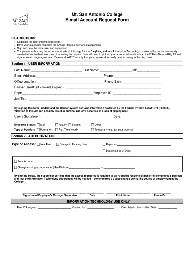 Fillable Online Mt. San Antonio College E-mail Account Request Form Fax Email Print - pdfFiller