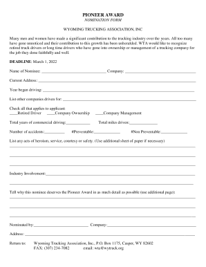 Fillable Online Pioneer Award Nomination Fax Email Print - pdfFiller