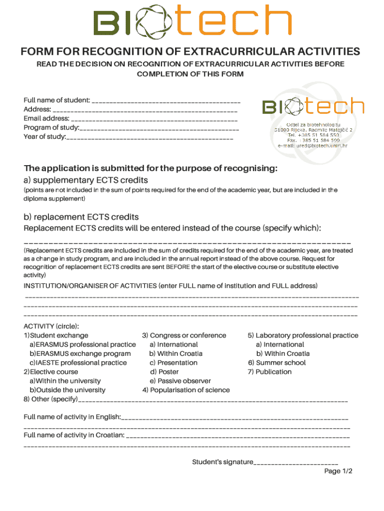 Fillable Online FORM FOR RECOGNITION OF EXTRACURRICULAR ACTIVITIES Fax ...