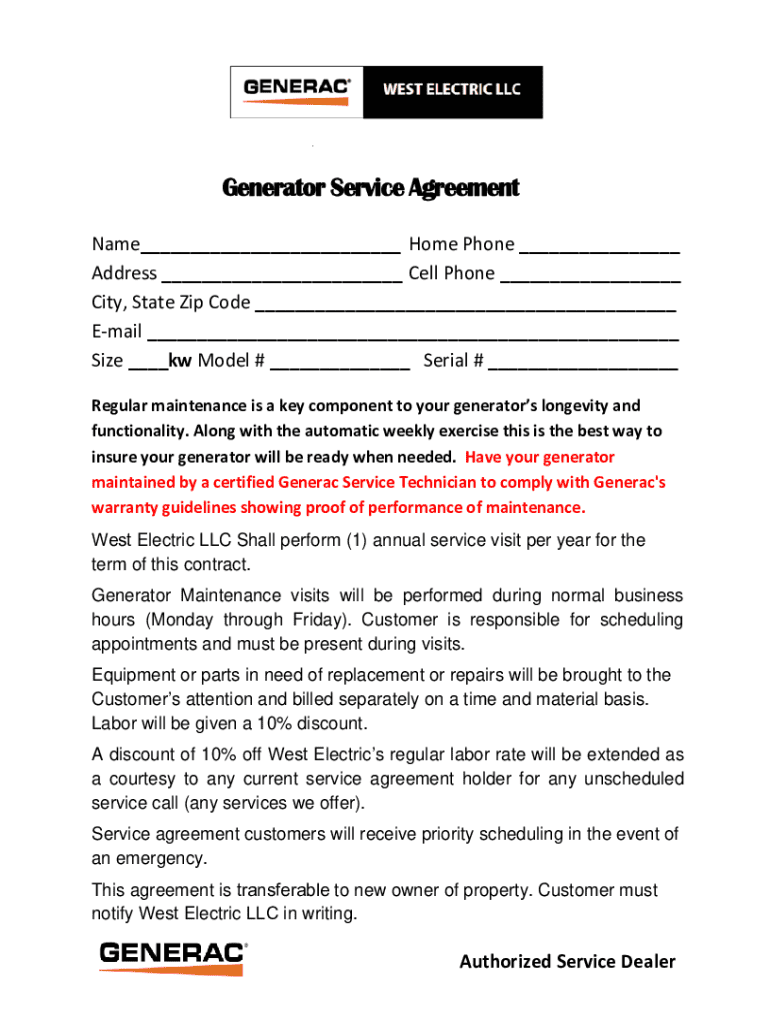 Fillable Online Generator Service Agreement Fax Email Print - pdfFiller