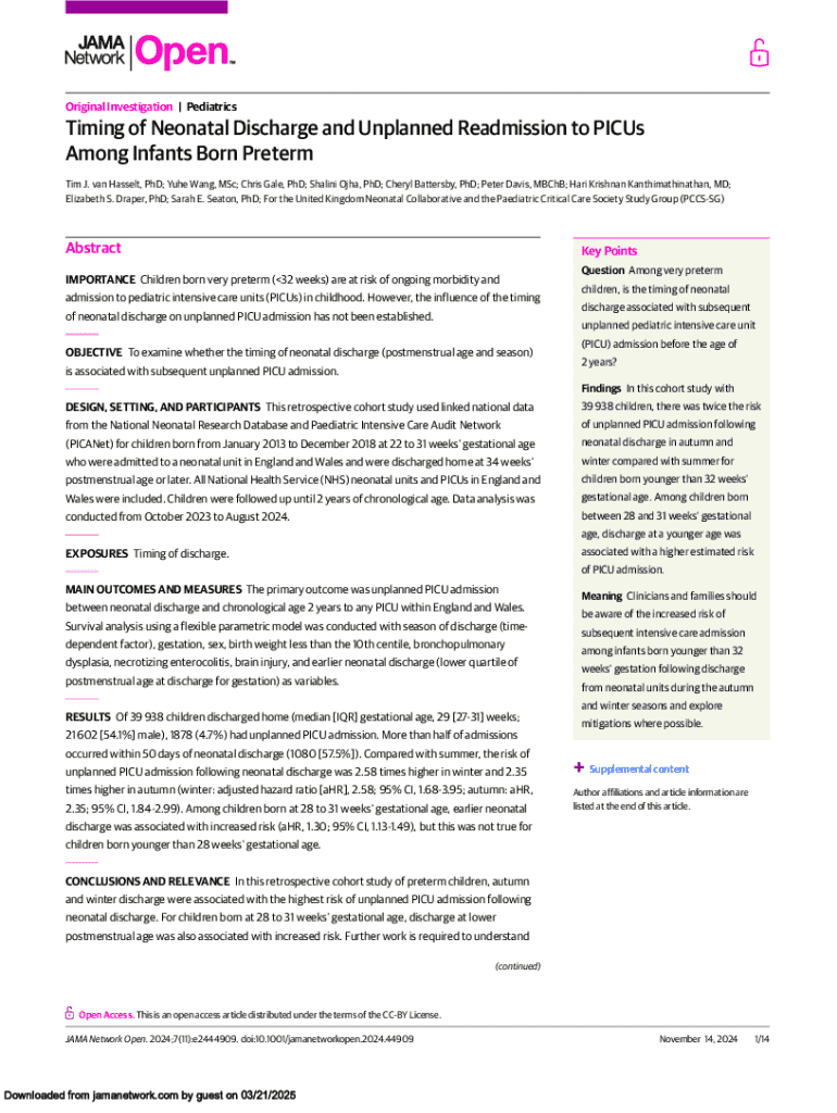 Fillable Online Timing of Neonatal Discharge and Unplanned Readmission ...