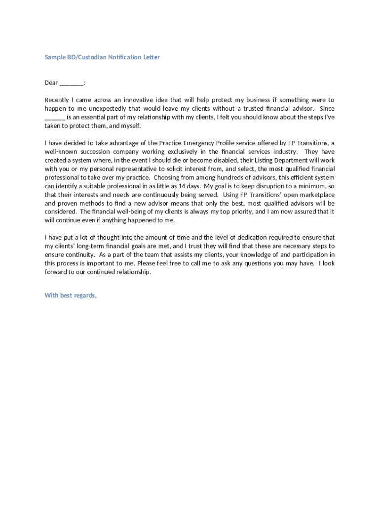 Sample Bd/custodian Notification Letter Doc Template | pdfFiller