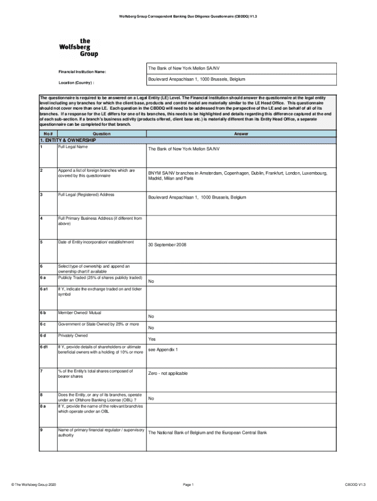 Fillable Online Wolfsberg Group Correspondent Banking Due Diligence ...