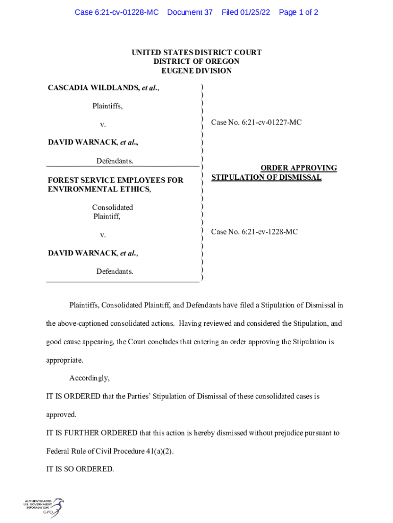 Fillable Online Order Approving Stipulation of Dismissal Fax Email Print - pdfFiller