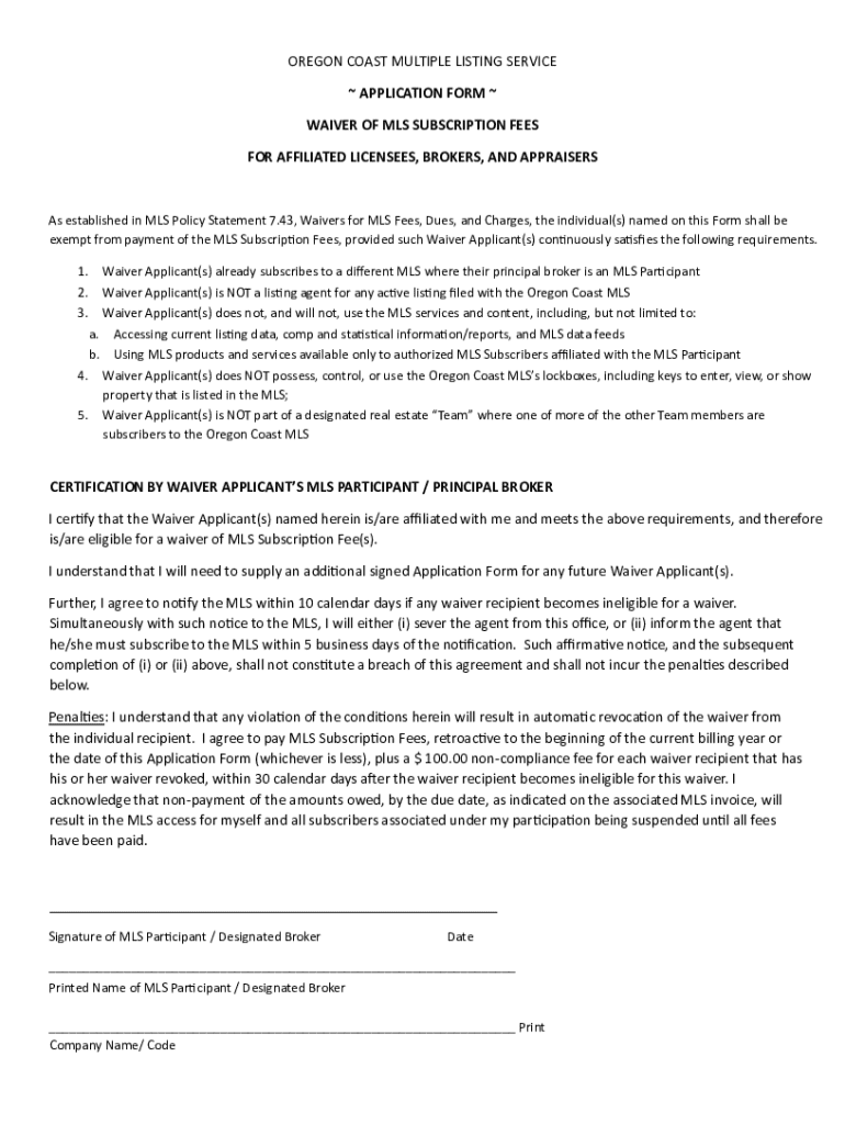 Fillable Online Waiver of Mls Subscription Fees Fax Email Print - pdfFiller