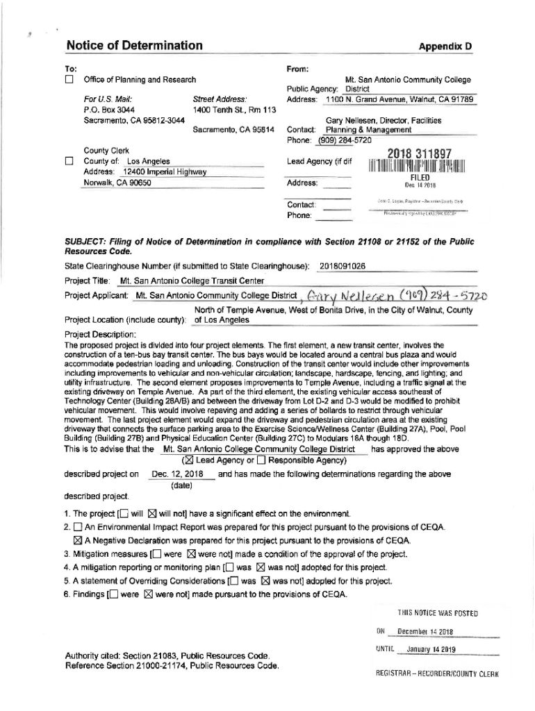 Fillable Online Notice of Determination for Mt. San Antonio College ...