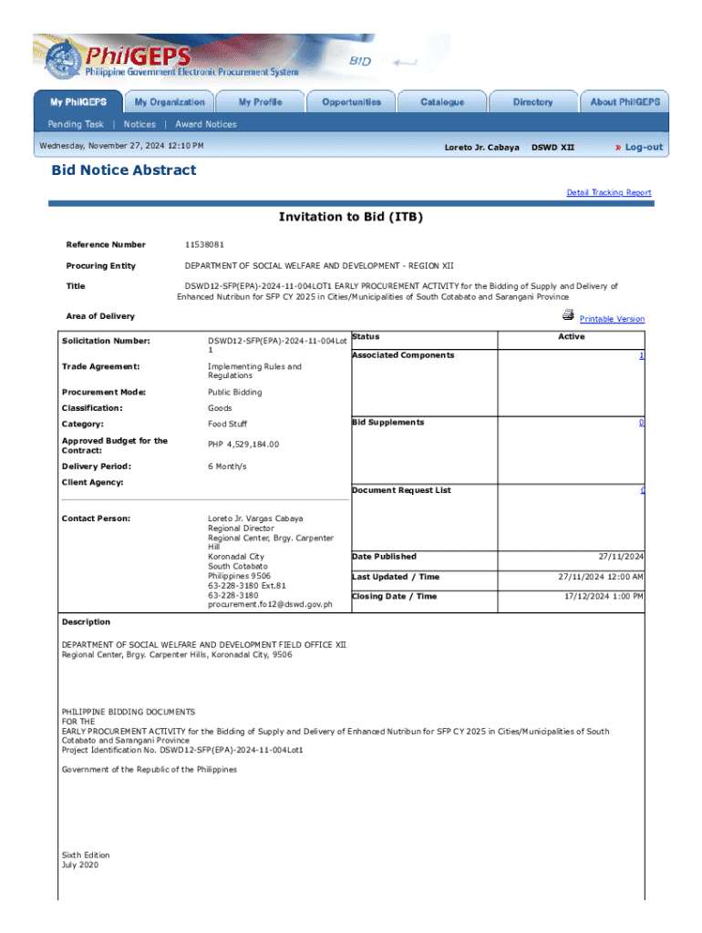 Fillable Online Dswd12-sfp(epa)-2024-11-004lot1 Early Procurement ...