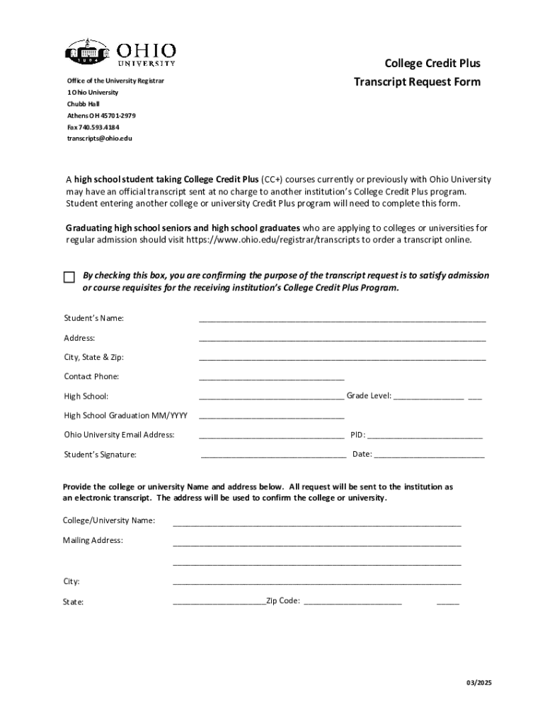 Fillable Online College Credit Plus Transcript Request Form Fax Email Print - pdfFiller