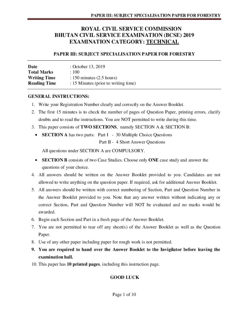 Fillable Online Bhutan Civil Service Examination (bcse) 2019 Fax Email Print - pdfFiller