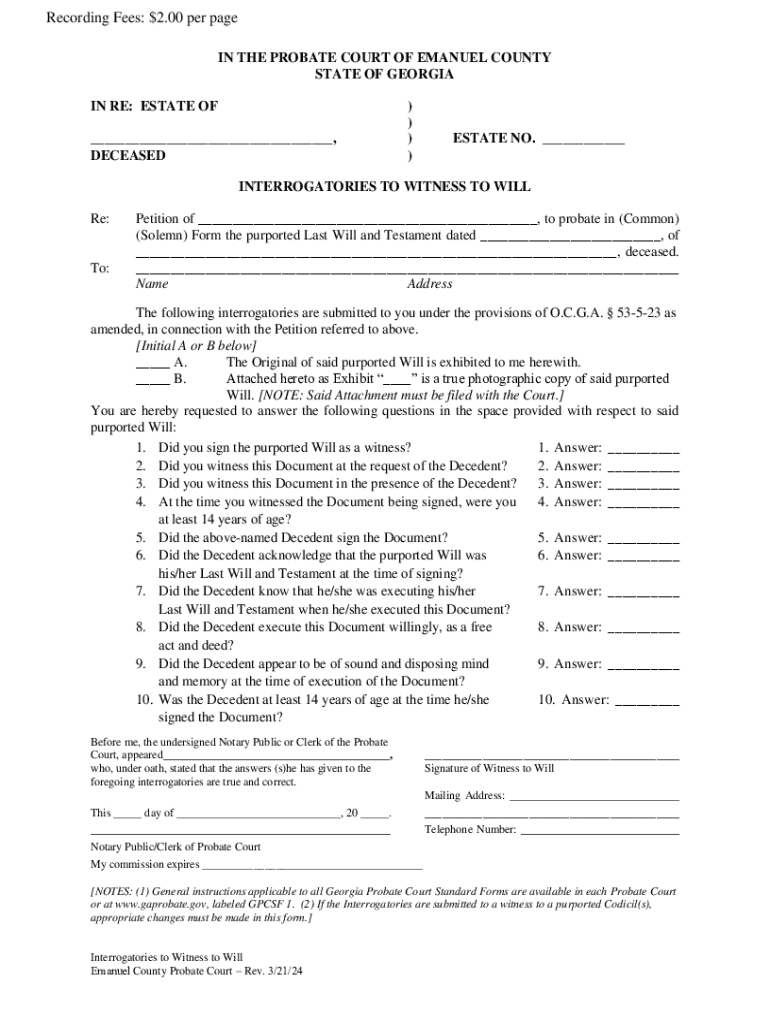Fillable Online Interrogatories to Witness to Will Fax Email Print ...