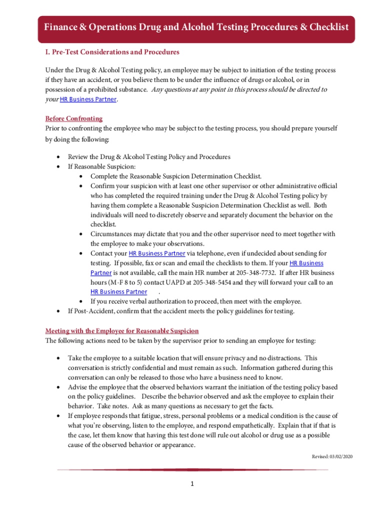 Fillable Online Finance & Operations Drug and Alcohol Testing ...