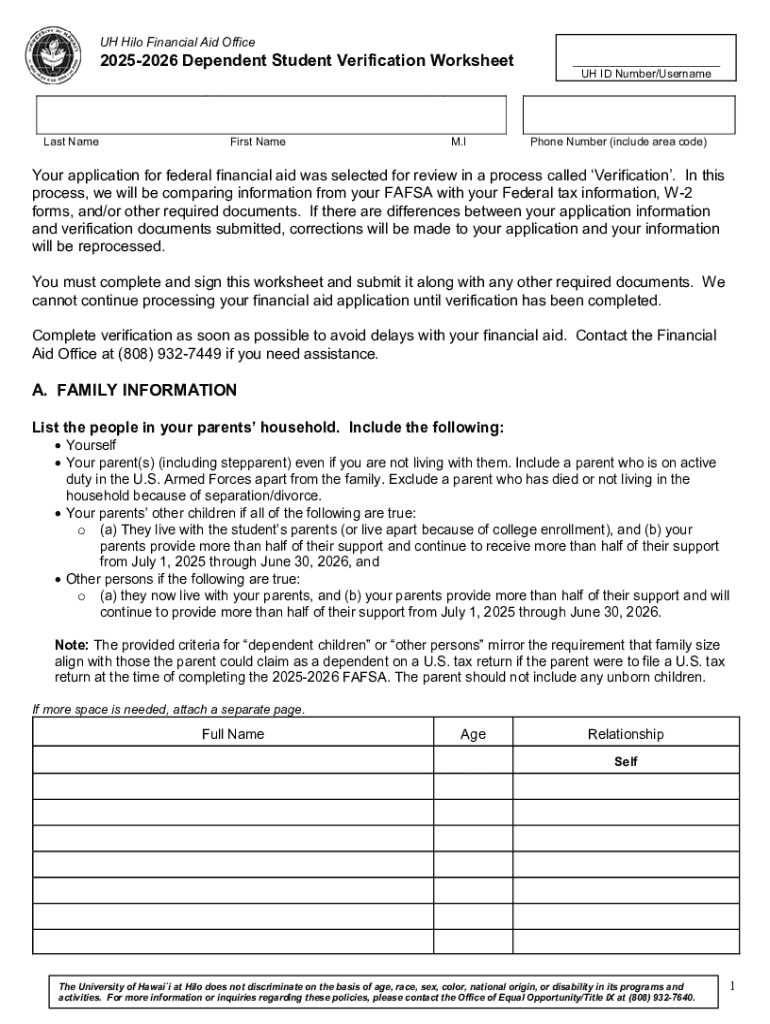 Fillable Online Dependent Student Verification Worksheet Fax Email ...