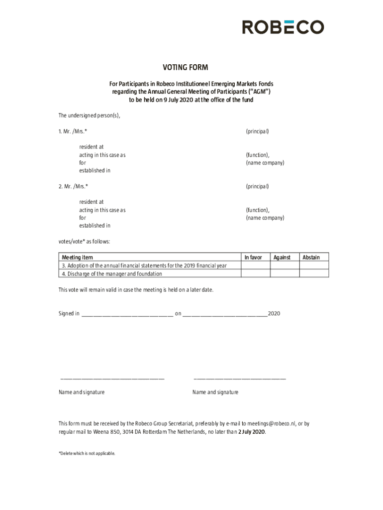 Fillable Online Voting Form for Participants in Robeco Institutioneel ...