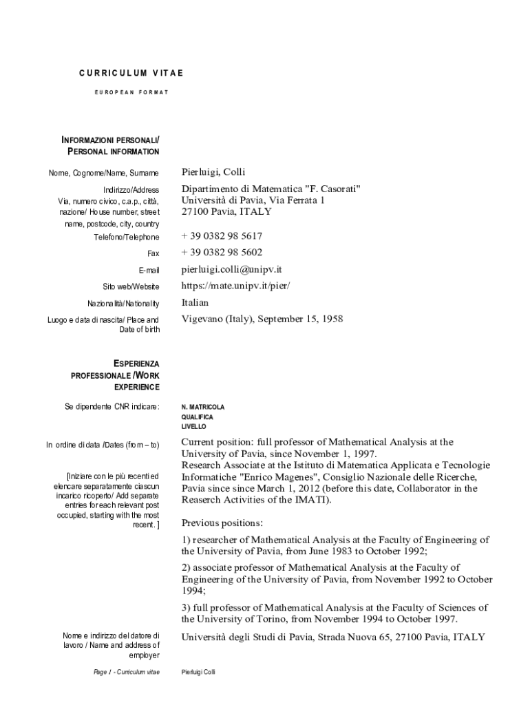 Fillable Online Curriculum Vitae - European Format Fax Email Print ...