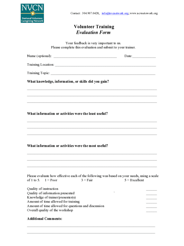Fillable Online Volunteer Training Evaluation Fax Email Print - pdfFiller