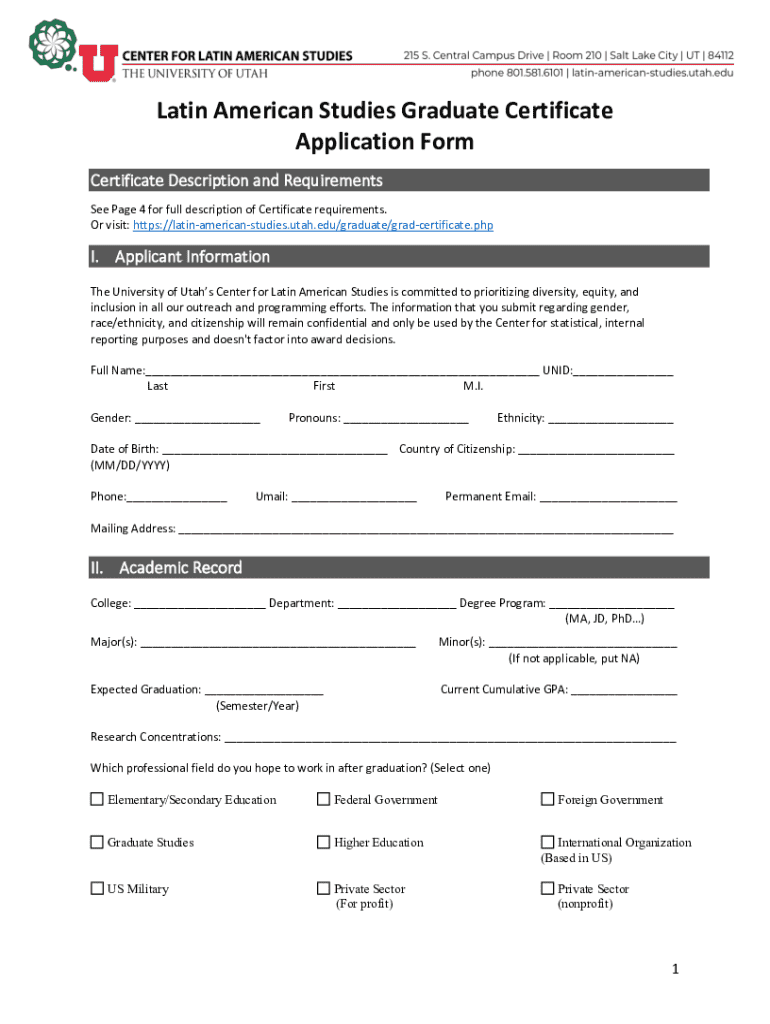 Fillable Online Latin American Studies Graduate Certificate Application ...