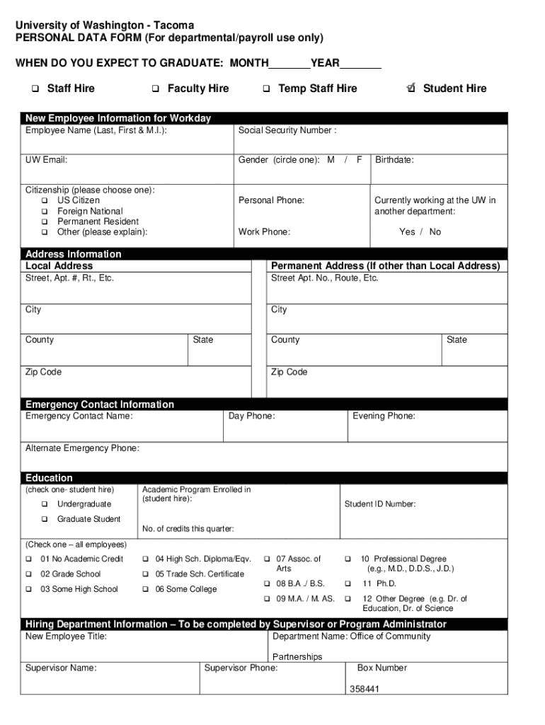 Fillable Online University of Washington - Tacoma Personal Data Form Fax Email Print - pdfFiller