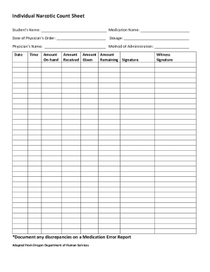 Fillable Online Individual Narcotic Count Sheet Fax Email Print - pdfFiller