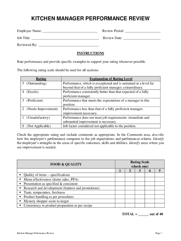 Fillable Online Kitchen Manager Performance Review Fax Email Print ...