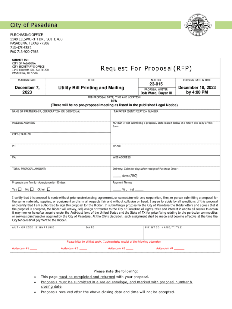 Fillable Online Rfp #23-015 Utility Bill Printing and Mailing Fax Email ...