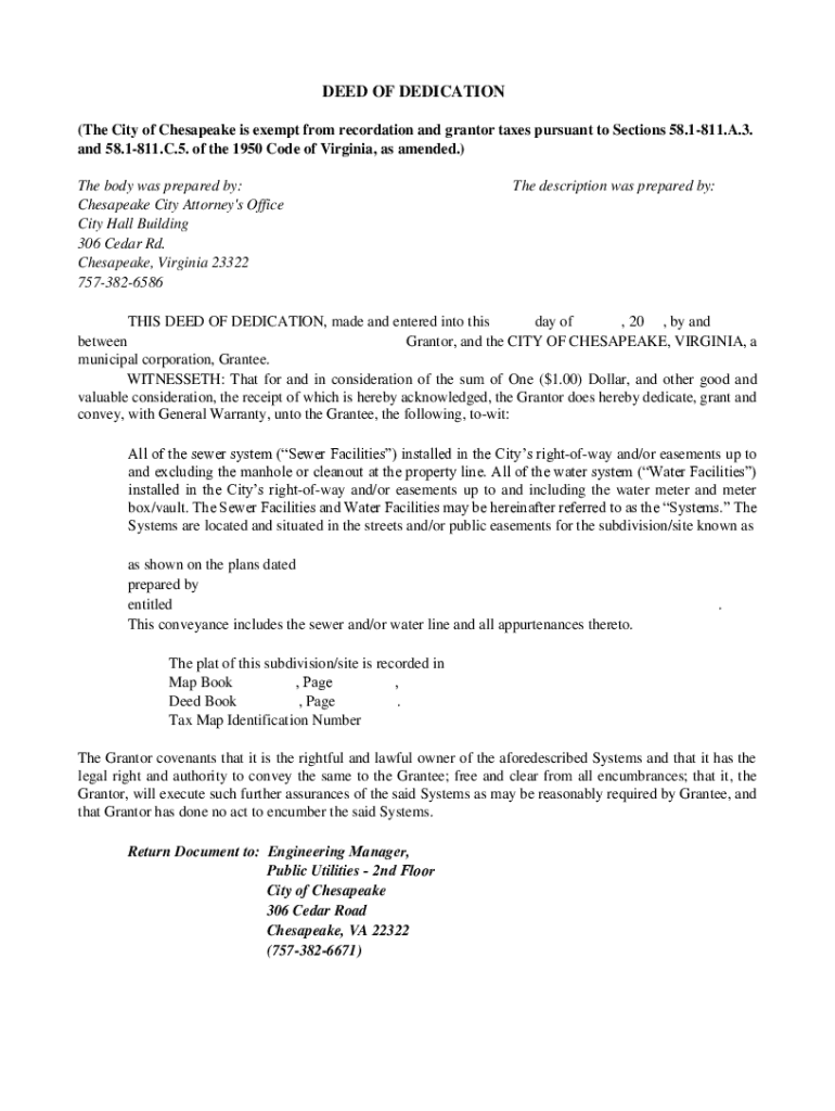 Fillable Online Deed of Dedication - City of Chesapeake Fax Email Print ...